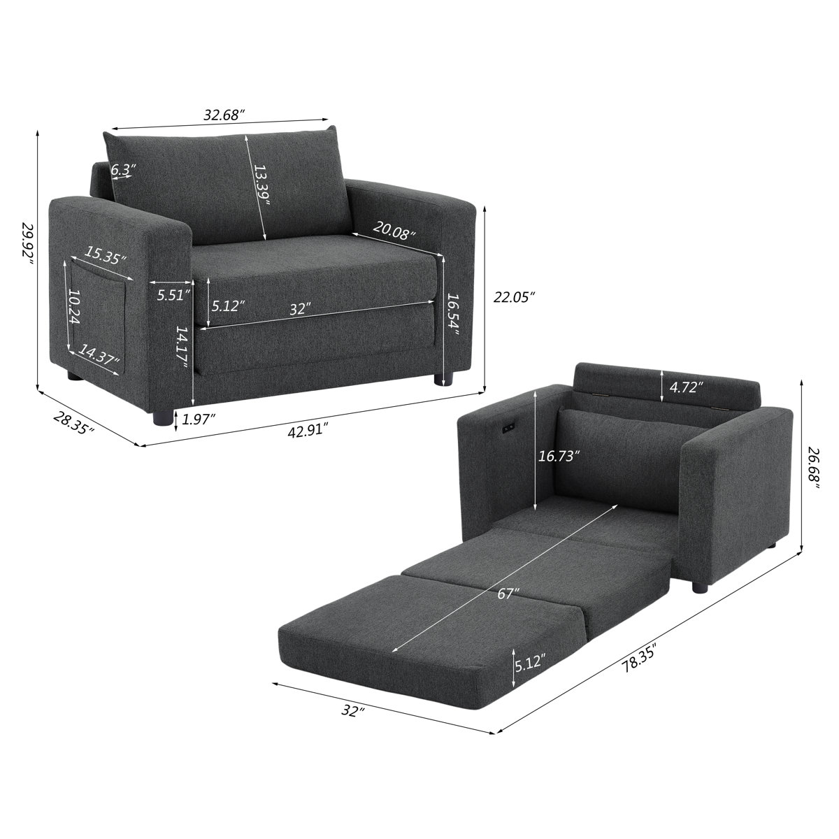 Ebern Designs Beverlye Convertible Sleeper Chair, Accent Chair with USB Charger Port and Side ...